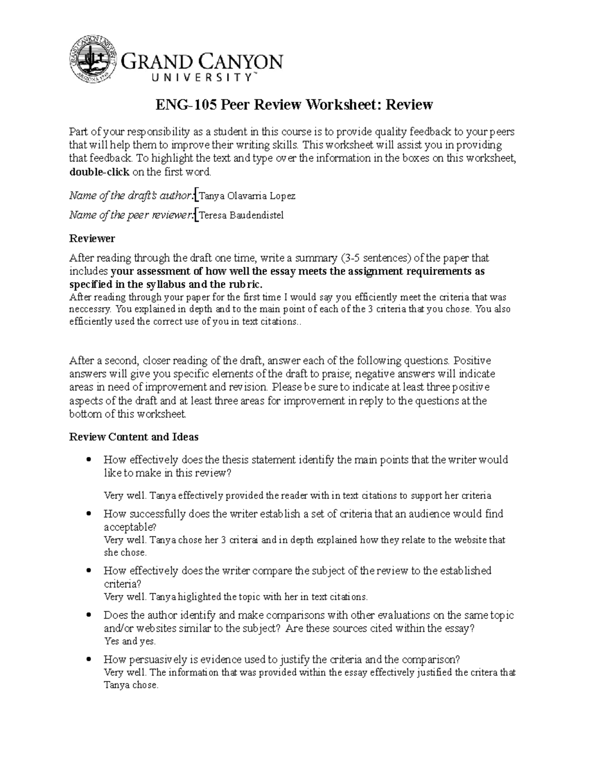 ENG 105 Peer review week 4 - ENG-105 Peer Review Worksheet: Review Part ...