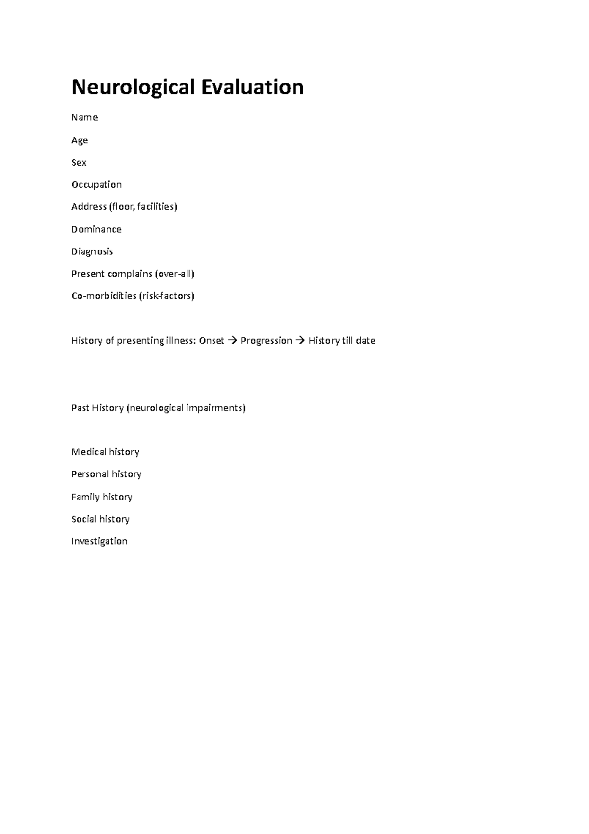 Neuro Evaluation - Neurological Evaluation Name Age Sex Occupation ...
