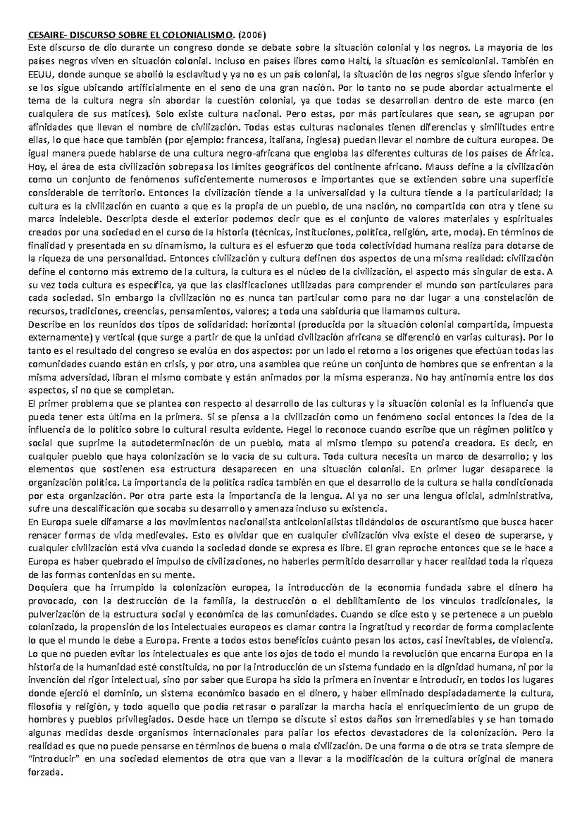 Cesaire - dasdasdasd - CESAIRE- DISCURSO SOBRE EL COLONIALISMO. (2006 ...