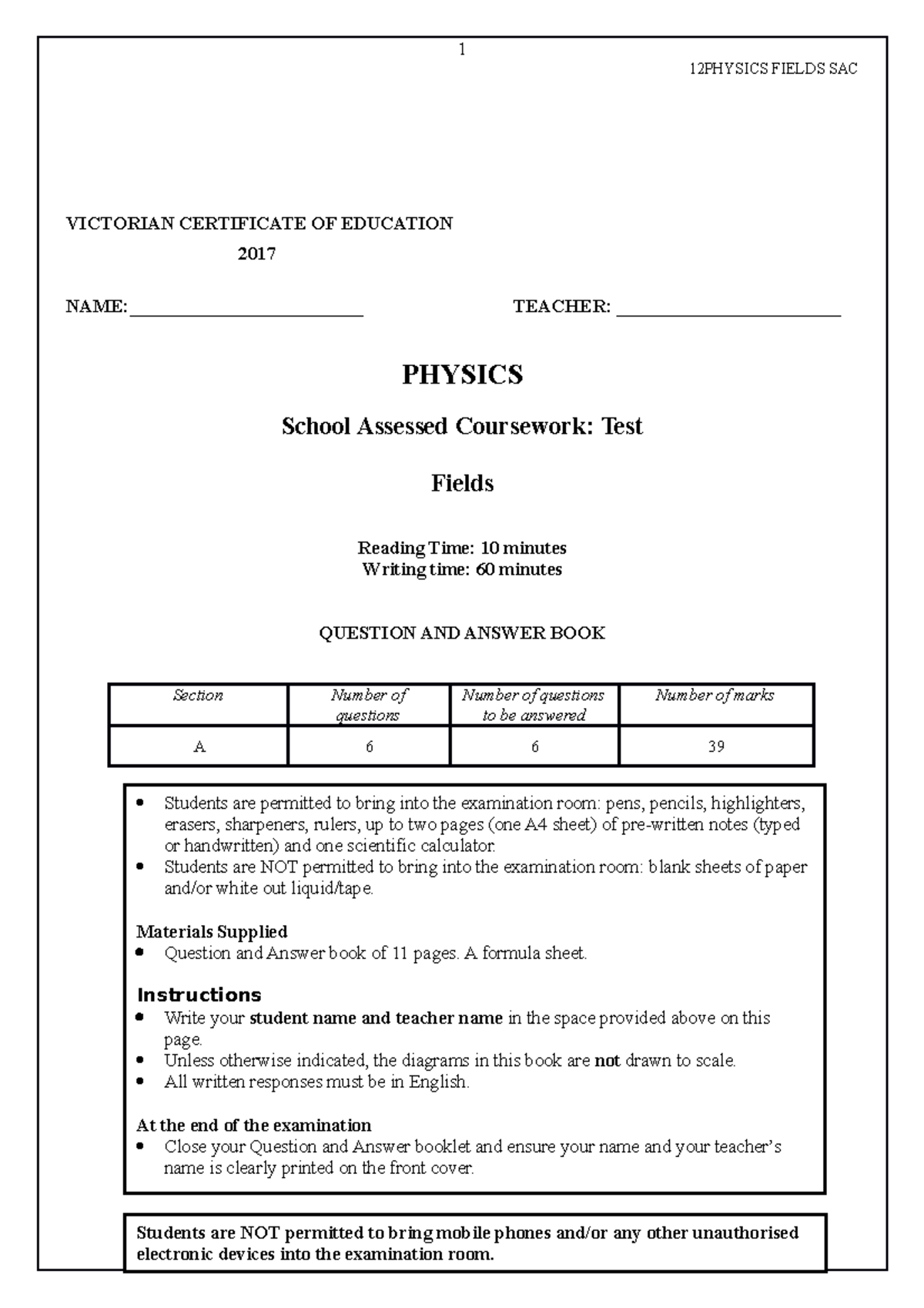 2017 Fields Practice SAC - 12PHYSICS FIELDS SAC VICTORIAN CERTIFICATE ...