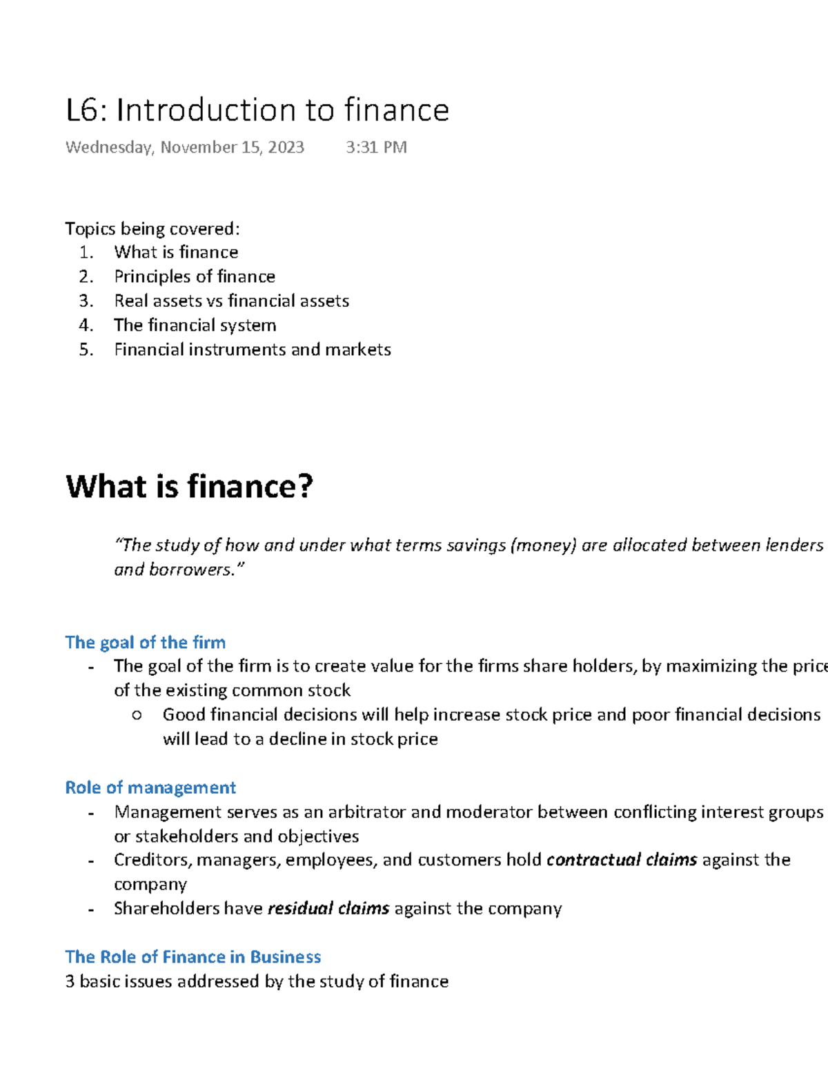 L6 Introduction to finance - Topics being covered: What is finance ...