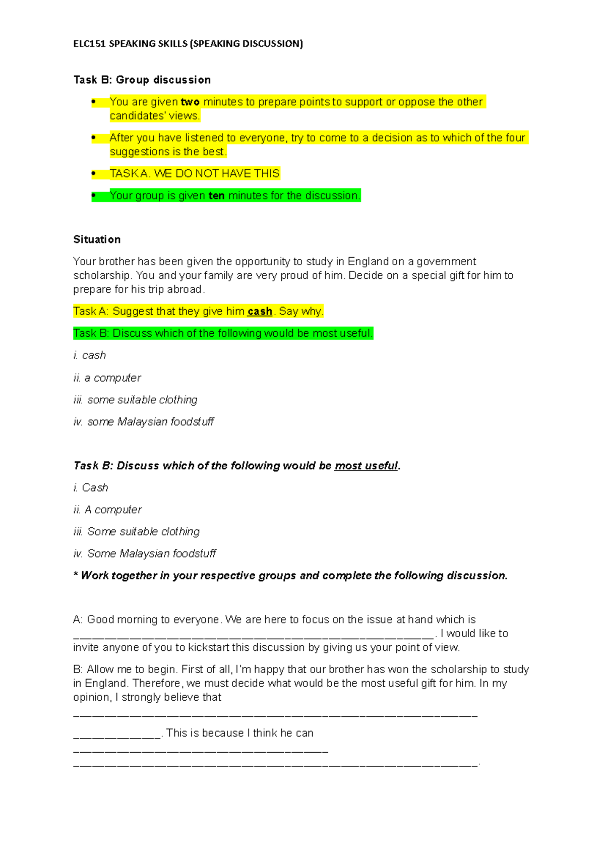 ELC151 Speaking Sample Script - ELC151 SPEAKING SKILLS (SPEAKING ...