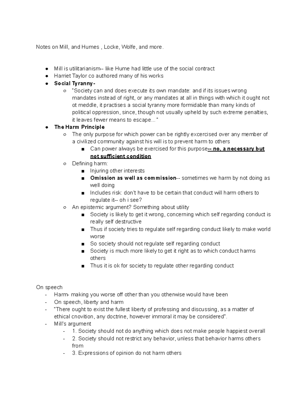 PST notes study guide - Notes on Mill, and Humes , Locke, Wolfe, and ...