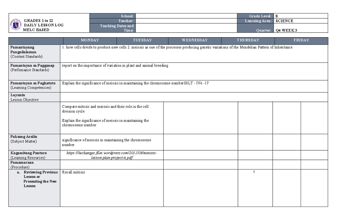 MELC DLL SCI 8 WEEK 3 Q4 DONE - GRADES 1 to 12 DAILY LESSON LOG MELC BASED School: Grade Level ...