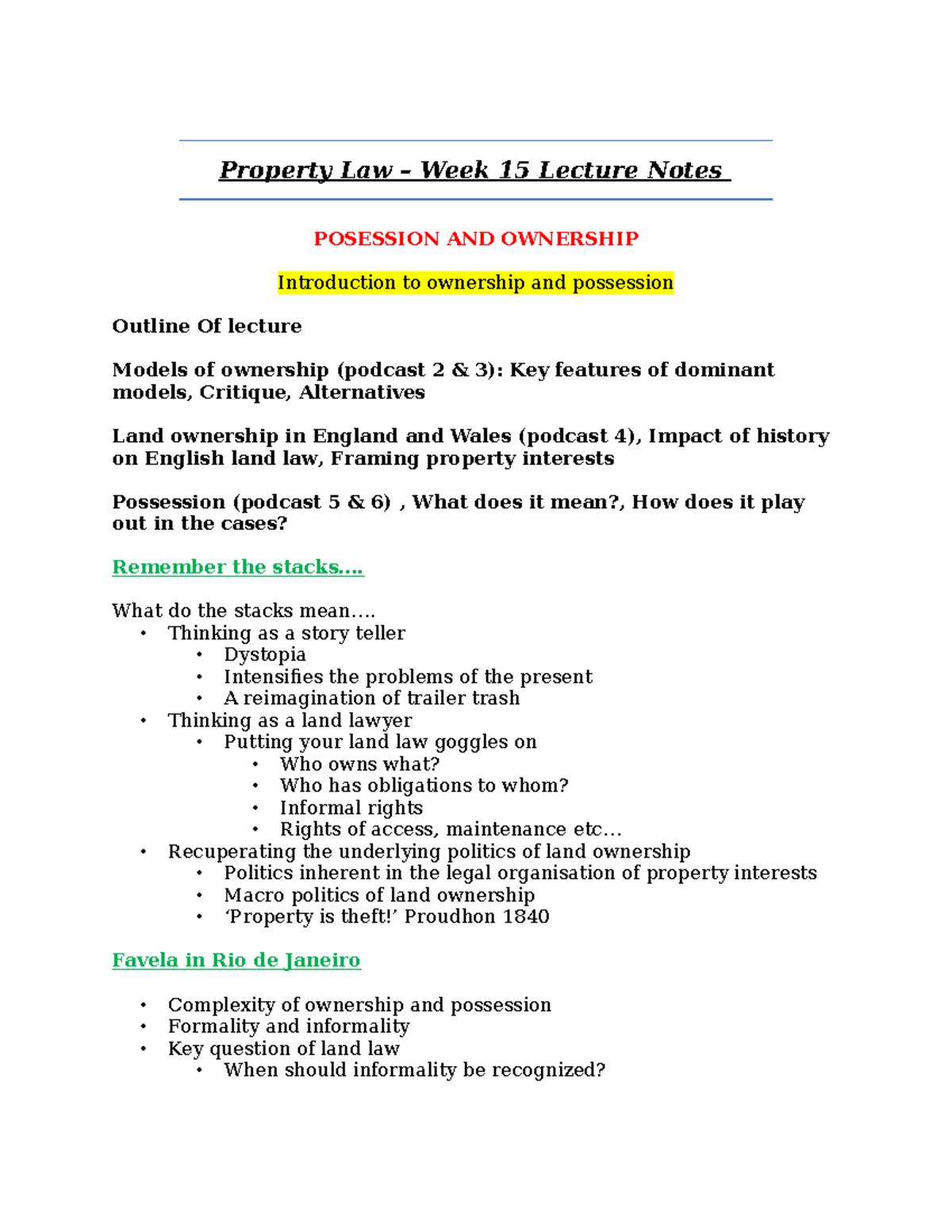 Week 15 Lecture Notes Property Law Week 15 Lecture Notes Posession And Ownership