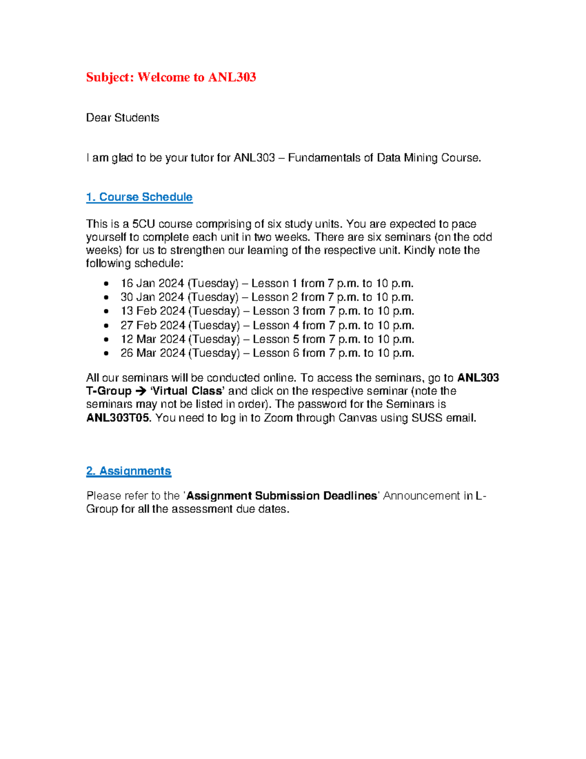 3b Email to Students PT - Subject: Welcome to ANL Dear Students I am ...