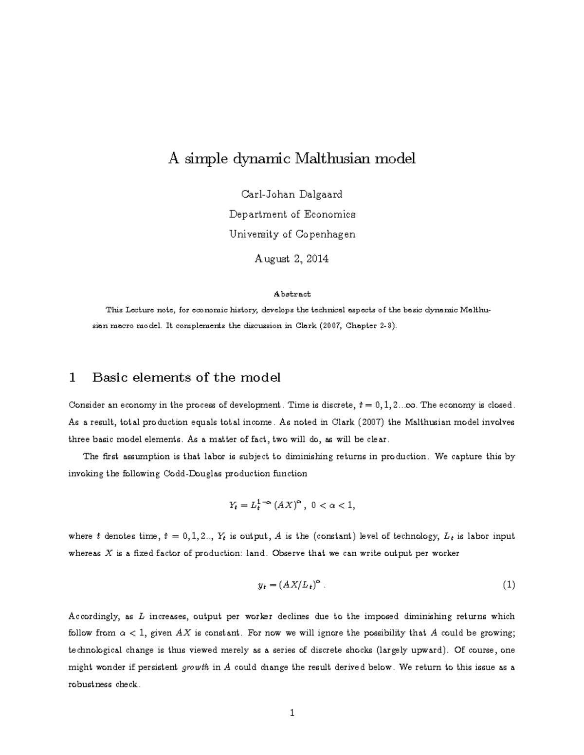 Dalgaard note1 - A simple dynamic Malthusian model Carl-Johan Dalgaard ...