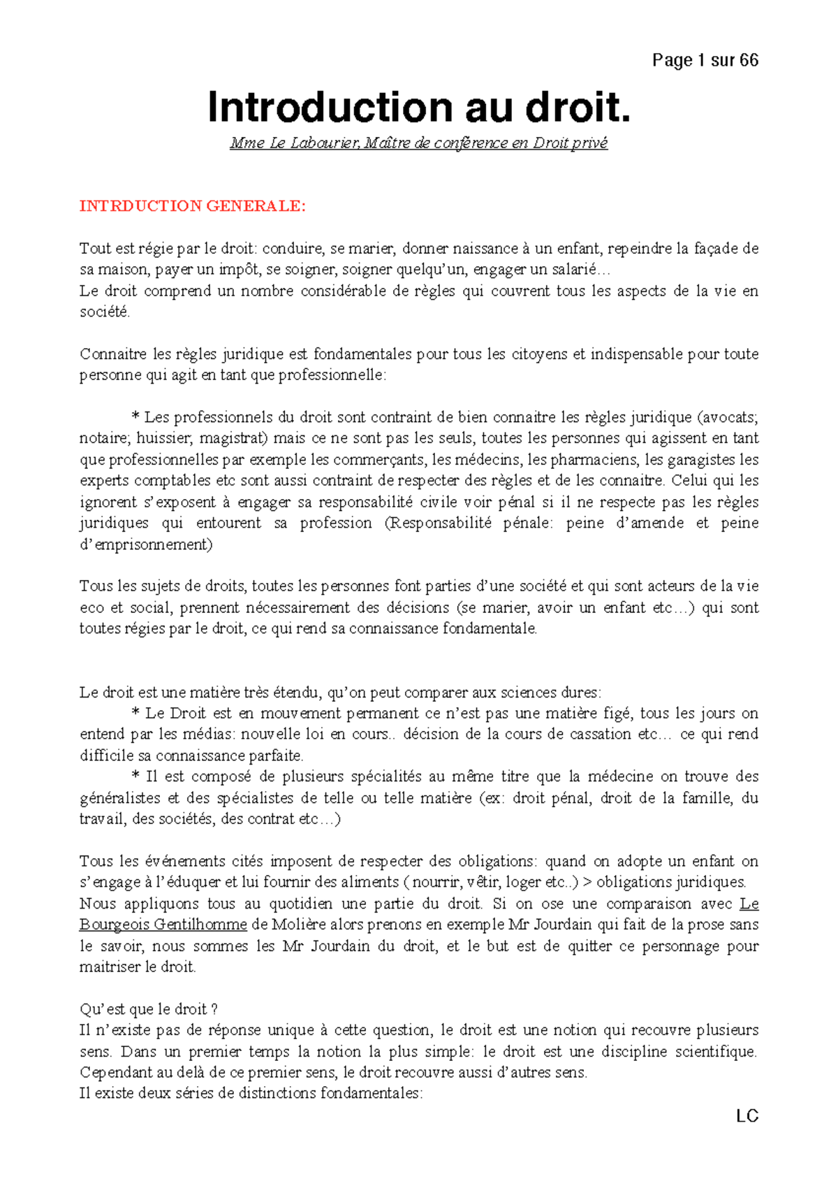 Cours d’Introduction au Droit PDF - Introduction au droit. Mme Le Labourier, Maître de ...