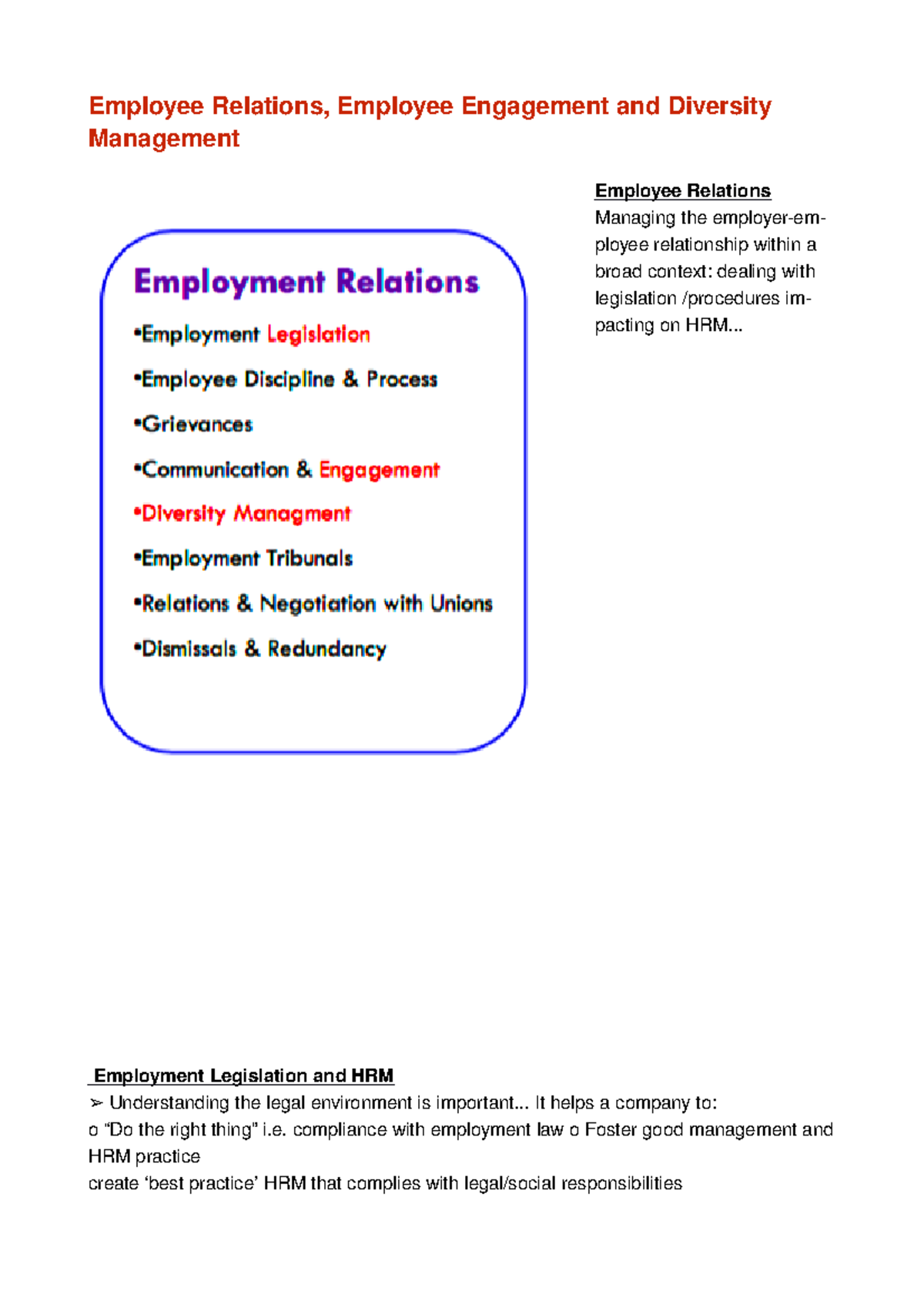 Employee Relations, Employee Engagement and Diversity Management ...