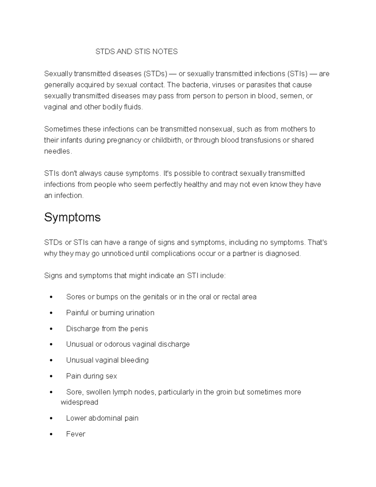 STDS AND STIS Notes - STDS AND STIS NOTES Sexually transmitted diseases ...