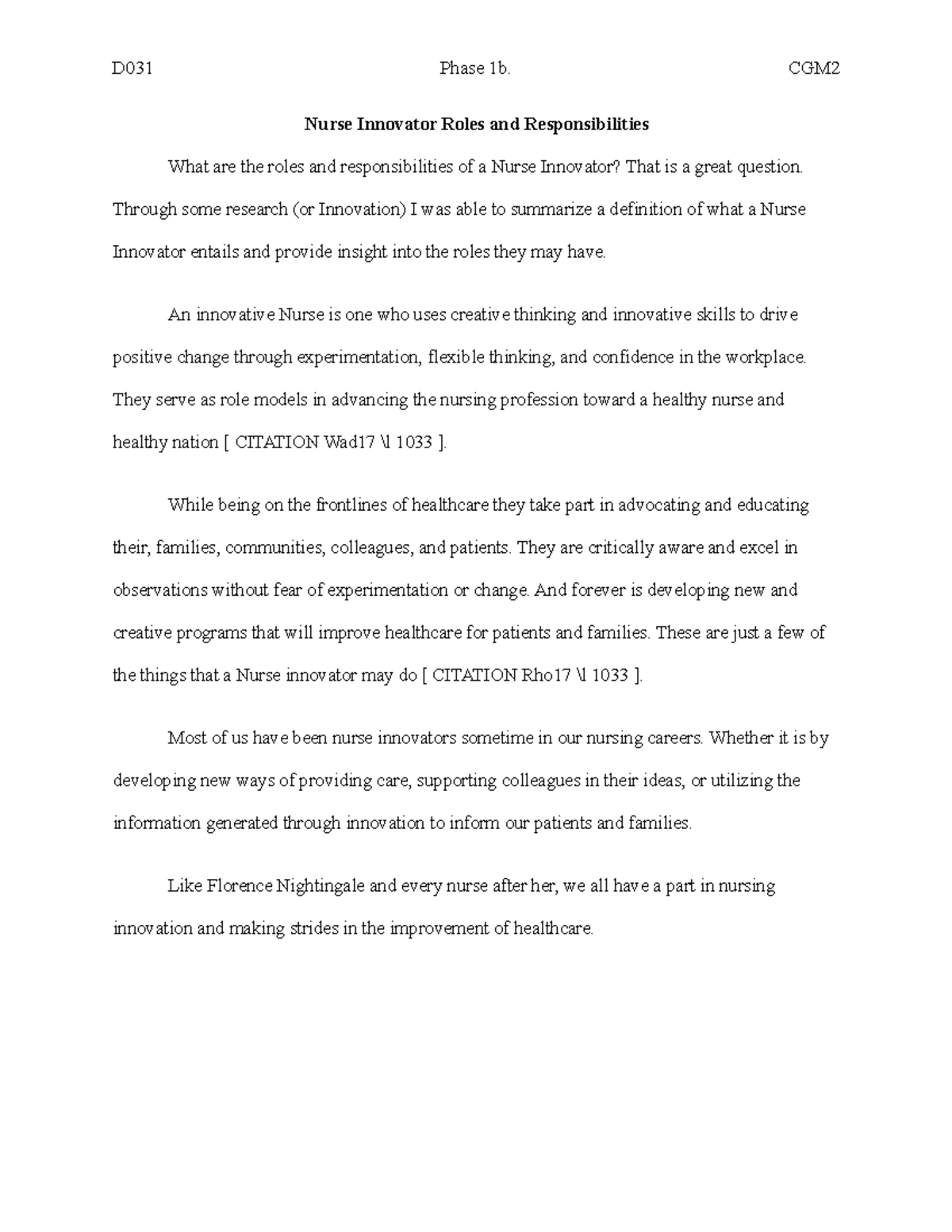 D031 CGM2 Phase 1b Description and roles of a Nurse Innovator - D031 ...