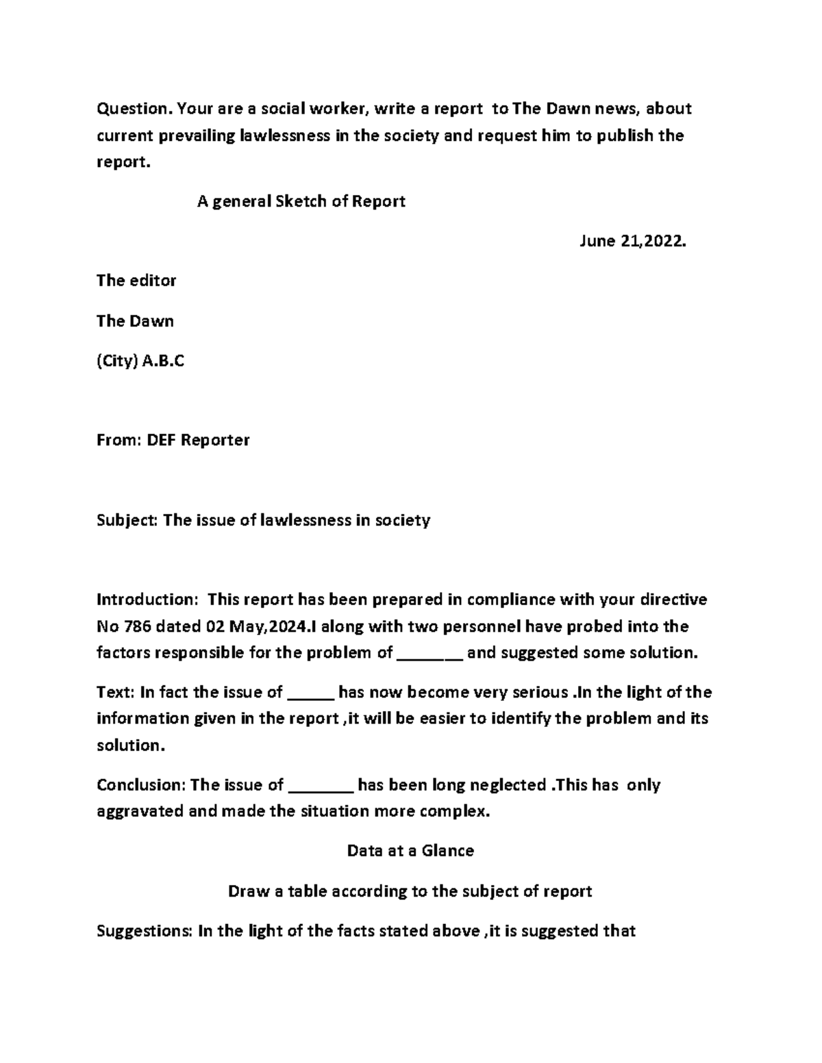 Report writing - tutorial work - Question. Your are a social worker ...