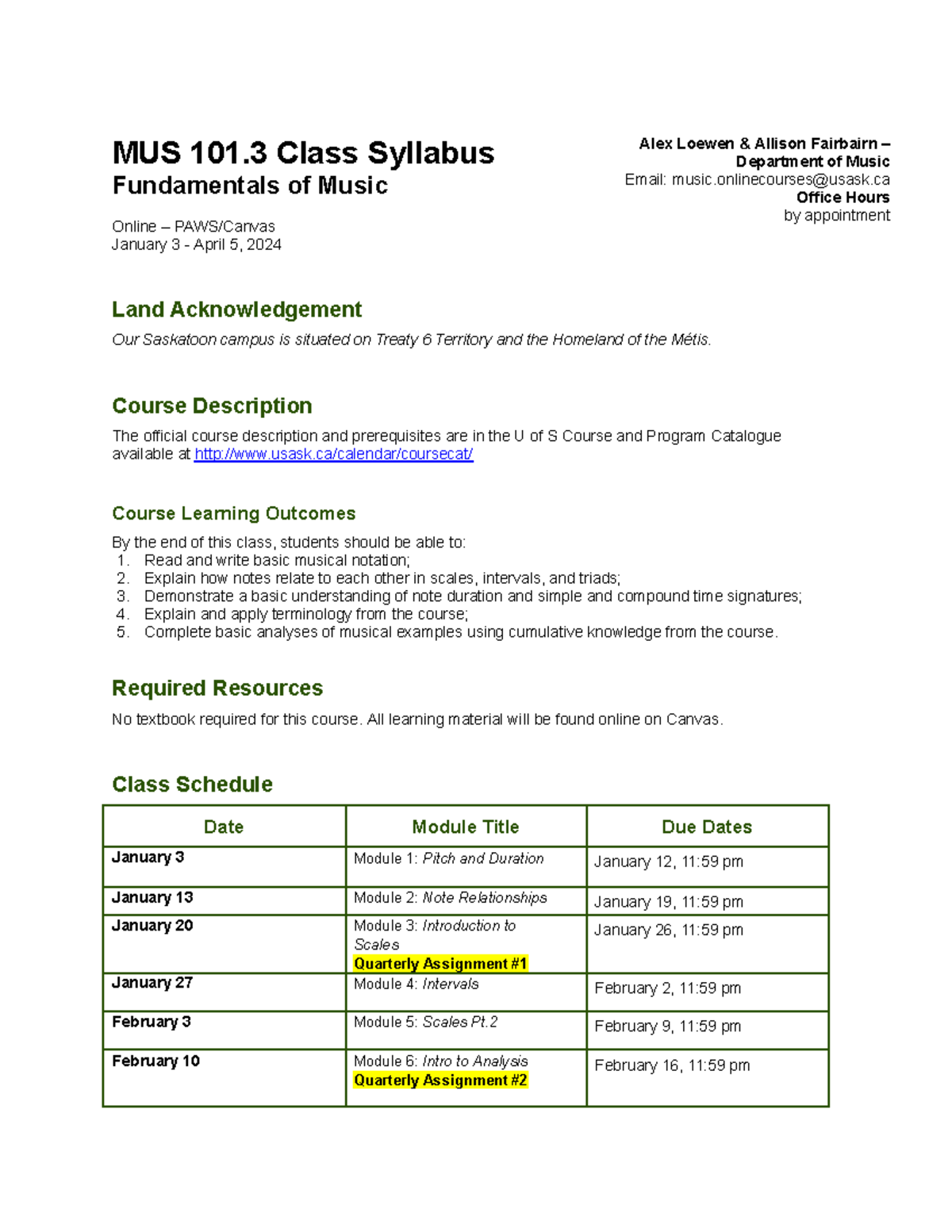 Syllabus Mus 101 202401 - MUS 101 Class Syllabus Fundamentals of Music ...