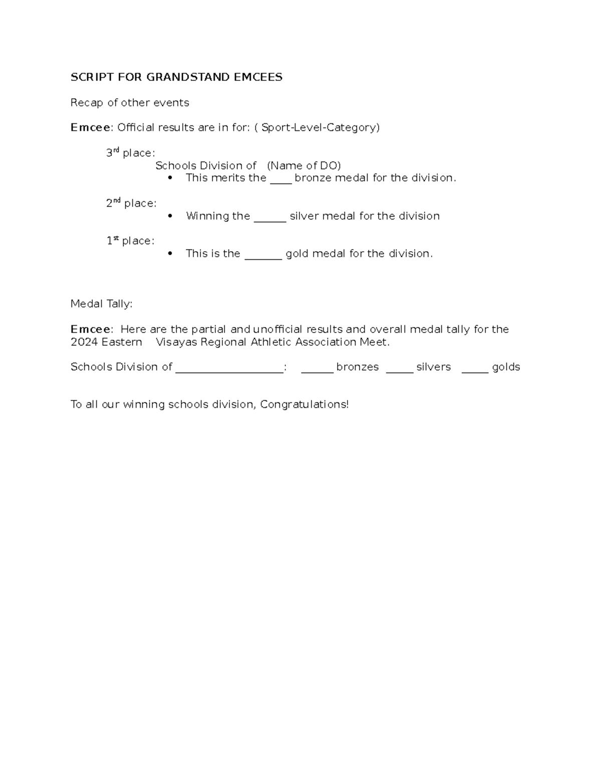 Script FOR Grandstand Emcees - SCRIPT FOR GRANDSTAND EMCEES Recap of ...