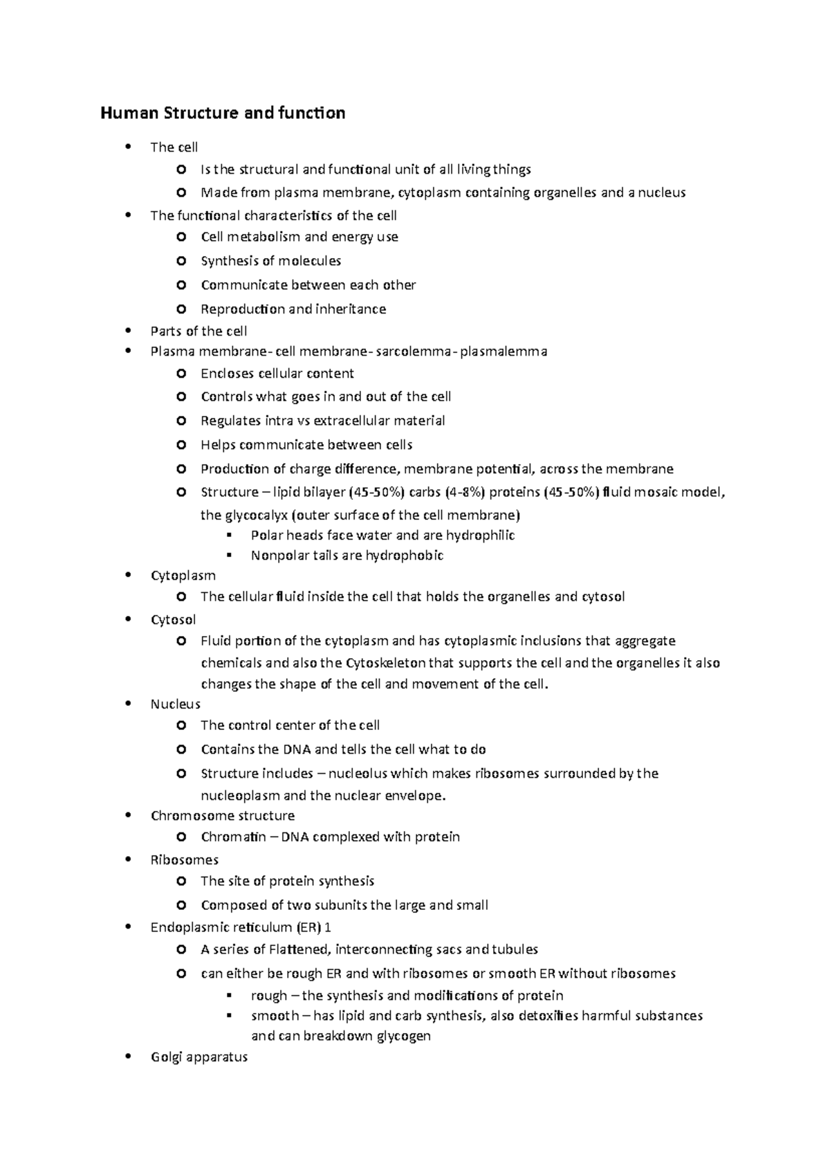 Human structure and function^ - Human Structure and function The cell o ...
