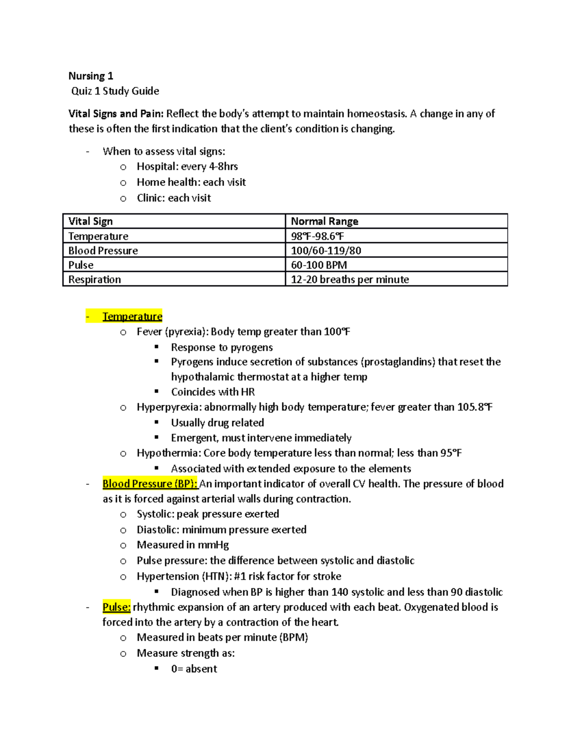 Vital signs, Lung Assessment, Nursing process - Nursing 1 Quiz 1 Study ...