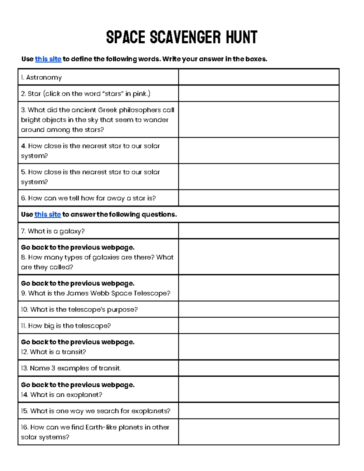 Space Scavenger Hunt - Write your answer in the boxes. Astronomy Star ...