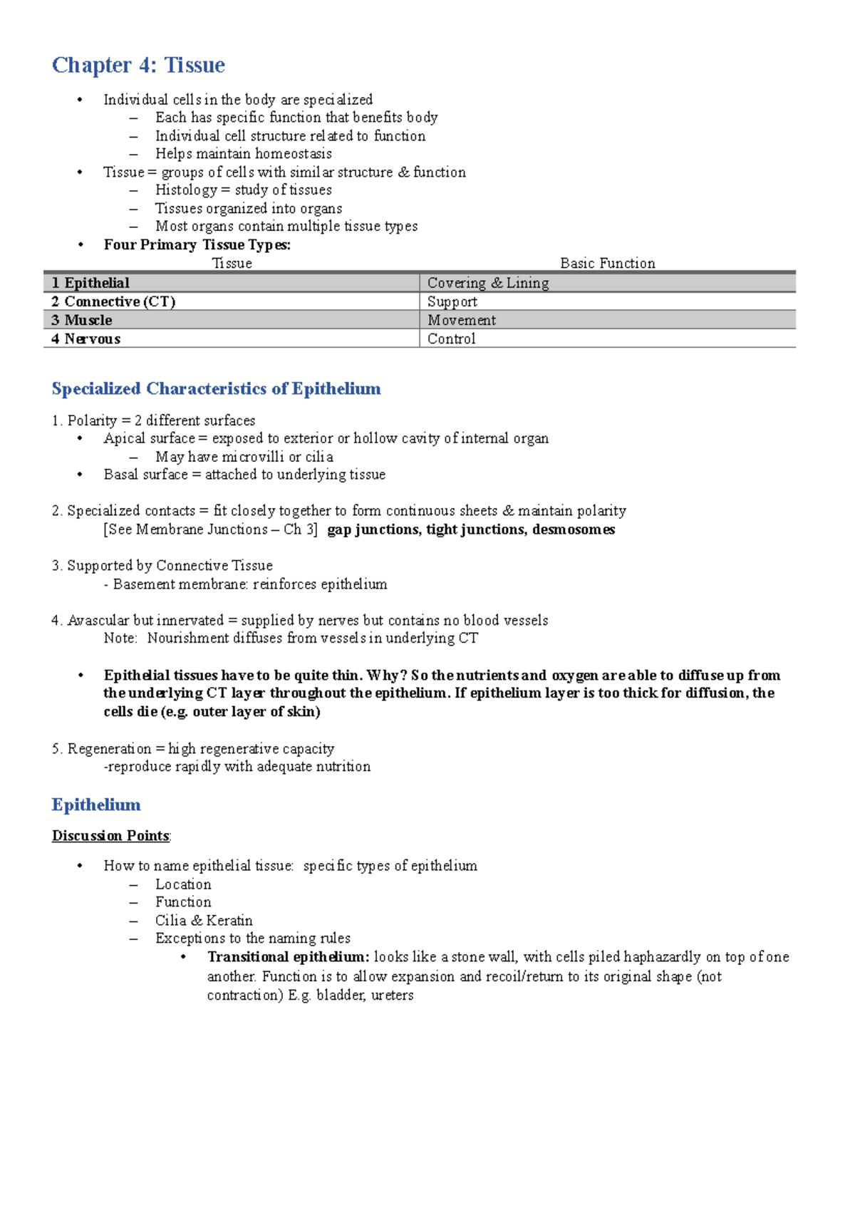 Marieb Anatomy & Physiology Ch 4 Tissues Lecture Notes Final - Chapter ...