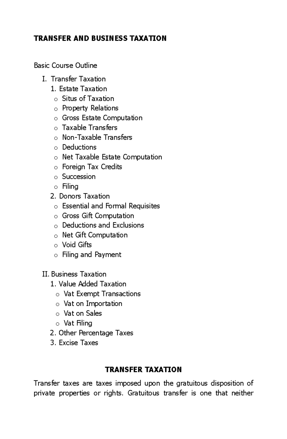 Transfer AND Business Taxation - TRANSFER AND BUSINESS TAXATION Basic ...