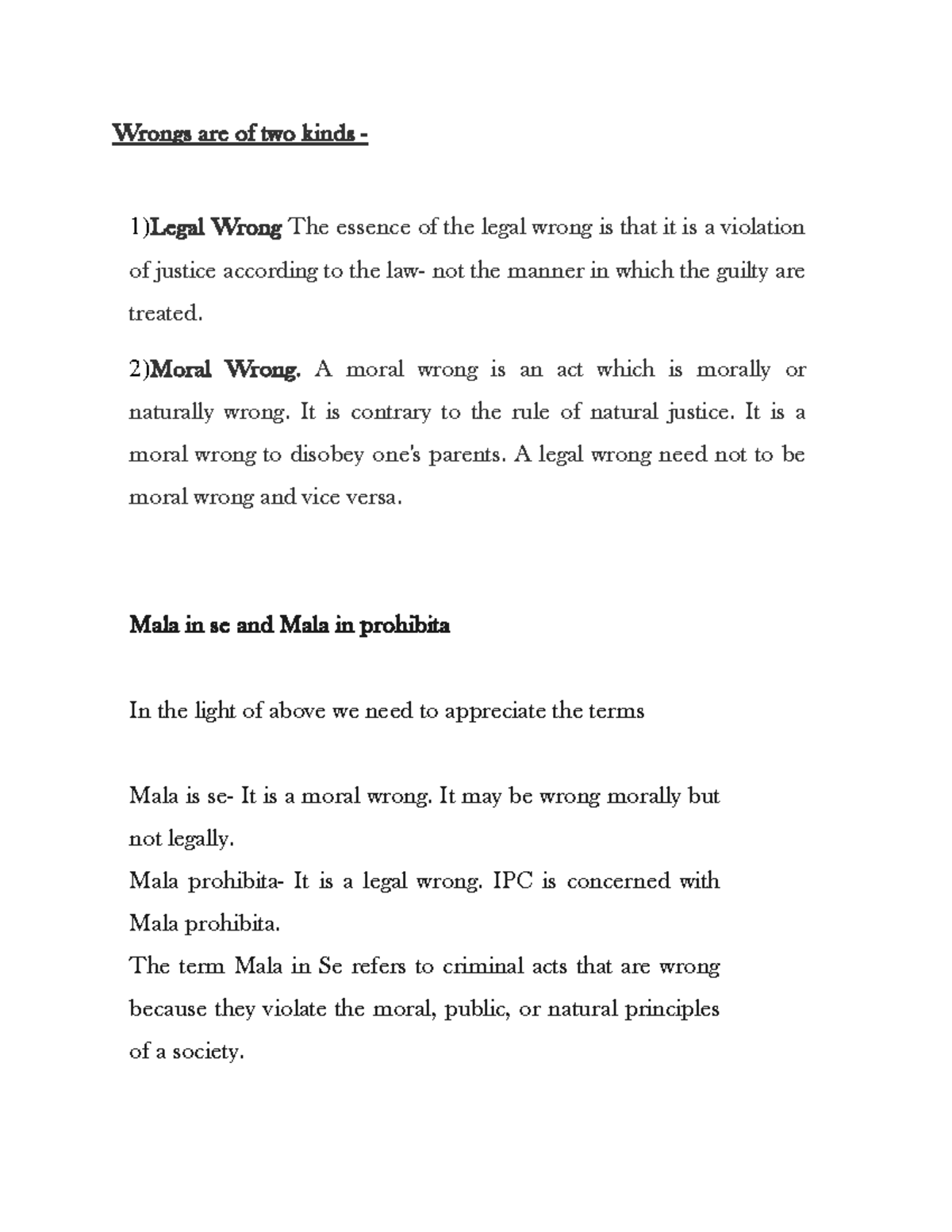 IPC revise notes - Wrongs are of two kinds - 1)Legal Wrong The essence ...