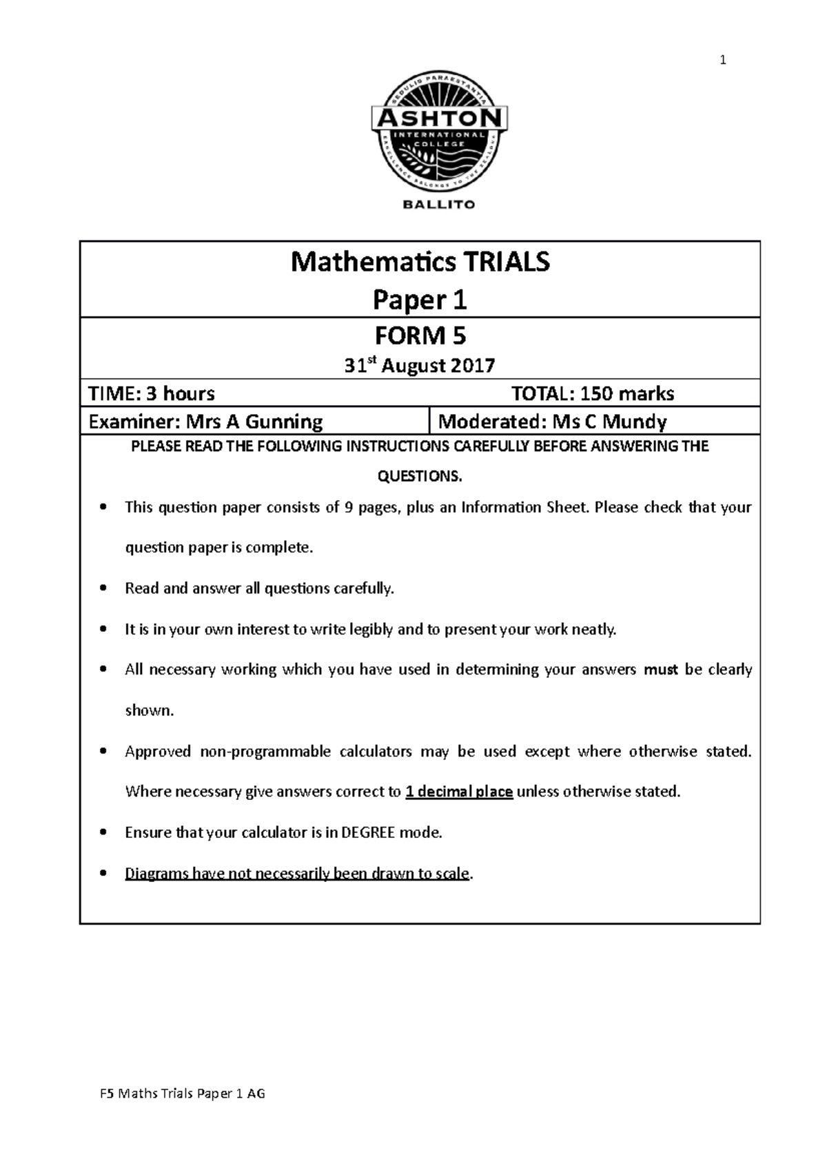 2017 Trials Paper 1 - mathematics - Mathematics TRIALS Paper 1 FORM 5 ...
