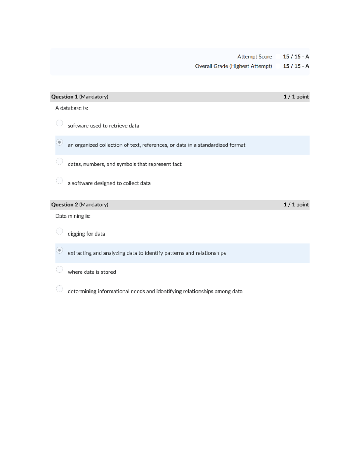 Week 1 Quiz Databases - Module 1, 1-2 Quiz - HIM400 - Studocu