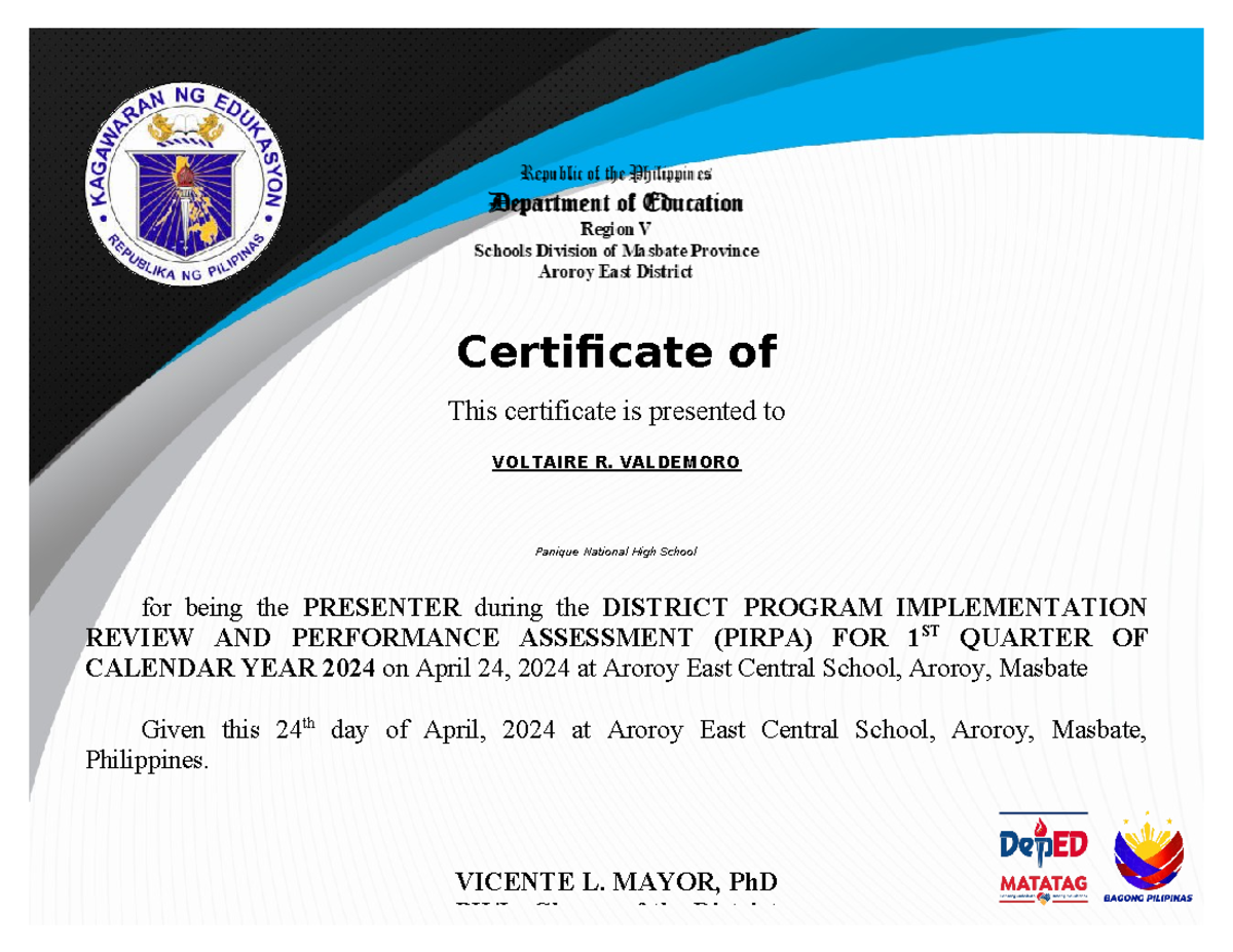 Certificate Pirpa Q1 - Certificate of CommendationThis certificate is ...