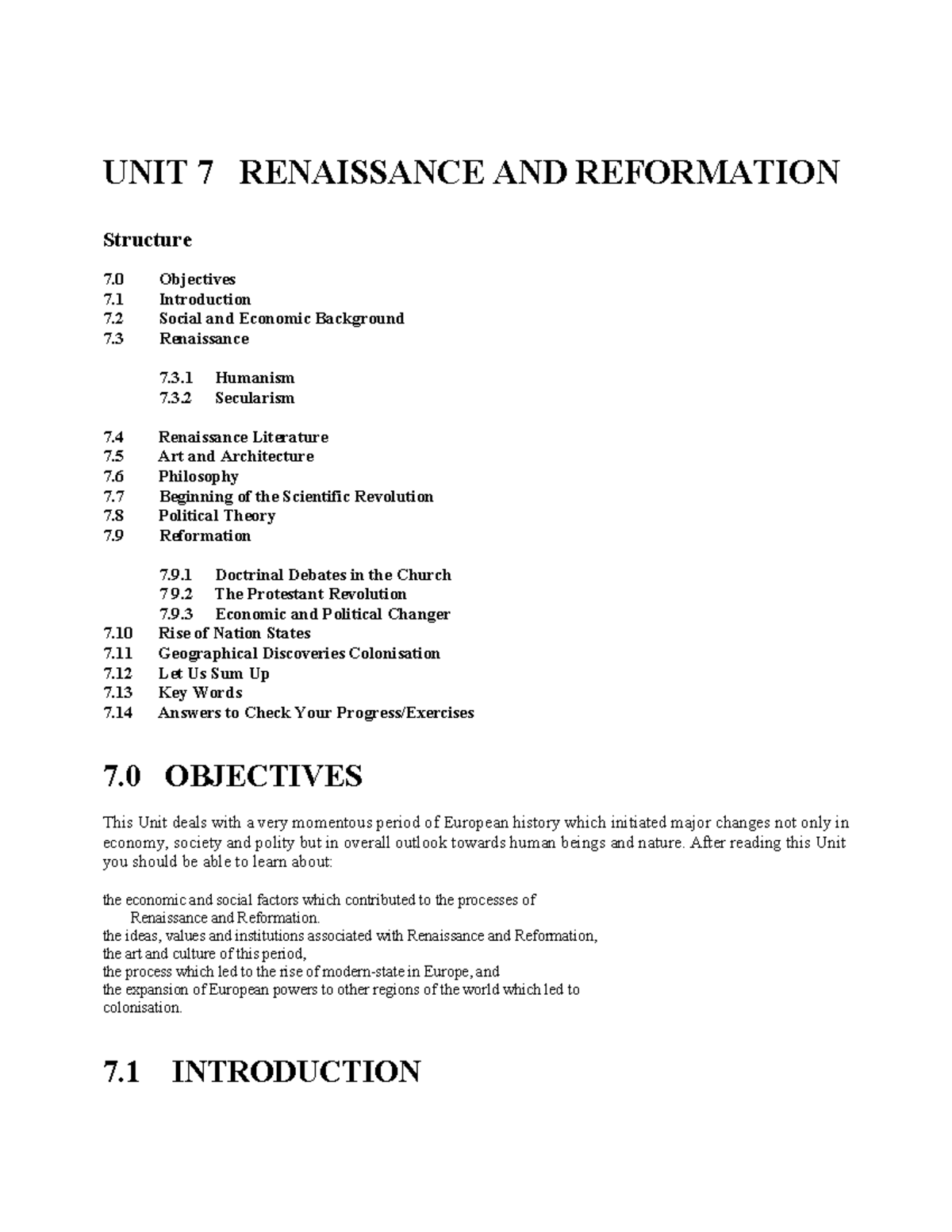 Unit-7 - Best - UNIT 7 RENAISSANCE AND REFORMATION Structure 7 ...