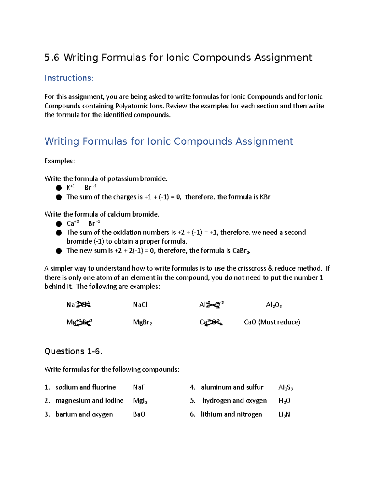 Writing Formulas for Ionic Compounds Assignment - 5 Writing Formulas ...