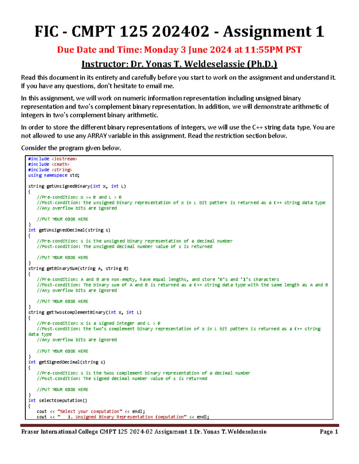 CMPT125 202402 Assignment 1 Yonas - FIC - CMPT 125 202402 - Assignment 1 Due Date and Time ...