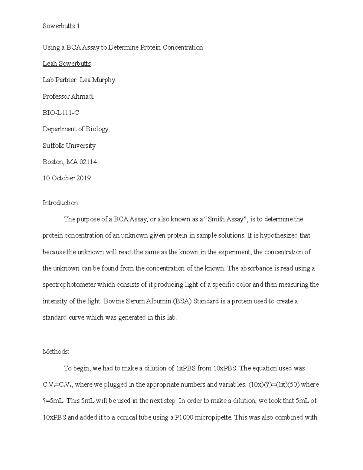 BCA Assay Lab Report - Using a BCA Assay to Determine Protein ...