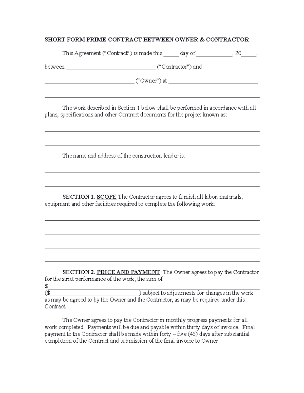 Short FORM Prime Contract 2013 - SHORT FORM PRIME CONTRACT BETWEEN ...