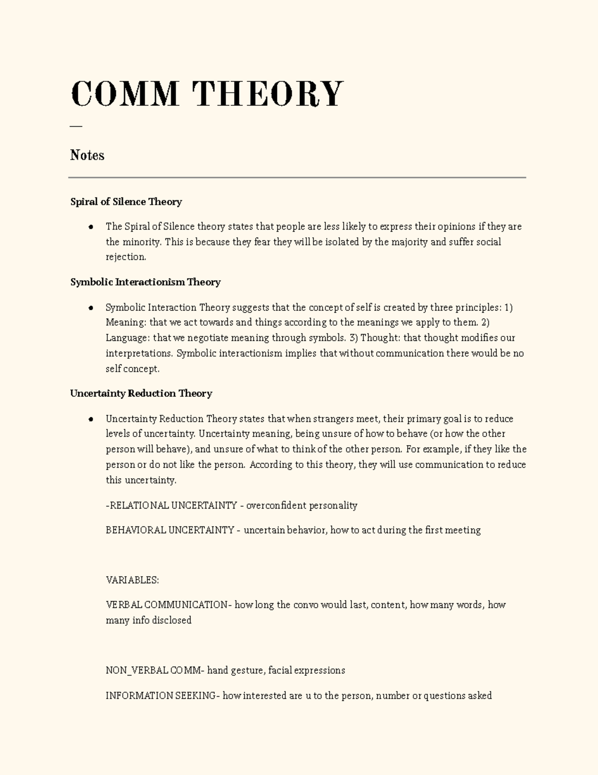 Class notes Comm Theory - COMM THEORY ___ Notes Spiral of Silence ...