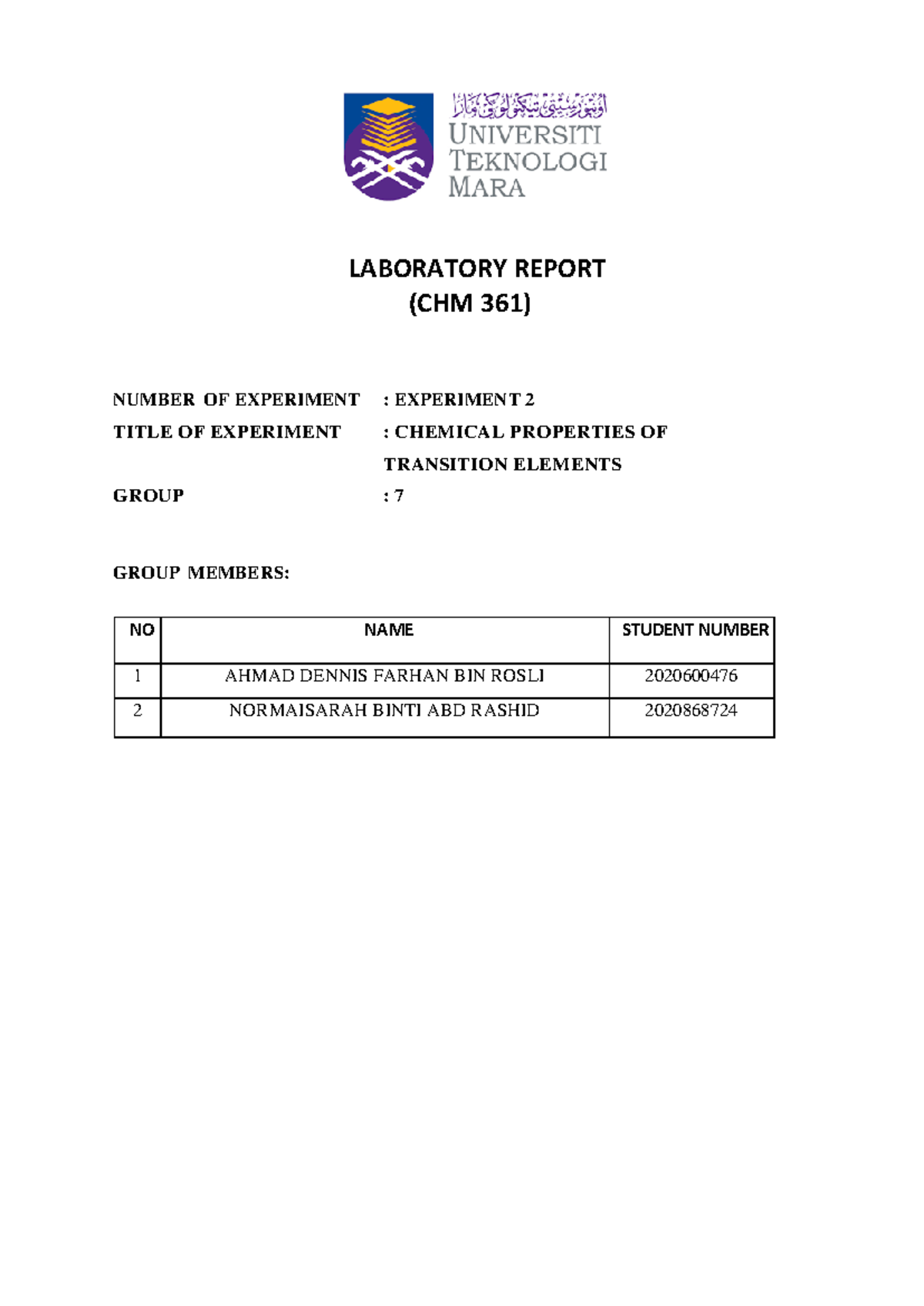 Lab Report Exp2 CHM361 - LABORATORY REPORT (CHM 361) NUMBER OF EXPERIMENT : EXPERIMENT 2 TITLE ...