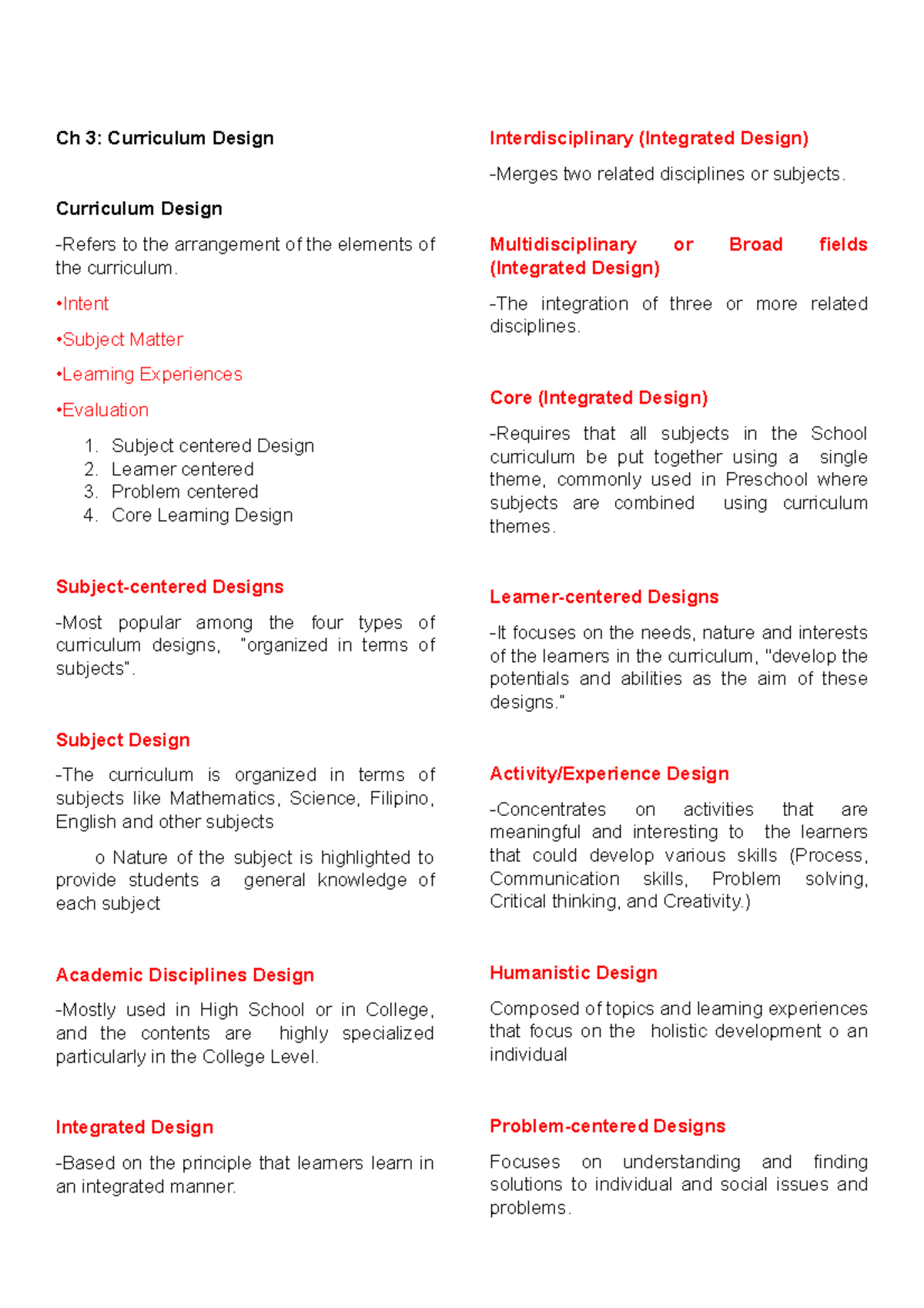 Ed 108 Reviwer - notes - Ch 3: Curriculum Design Curriculum Design ...