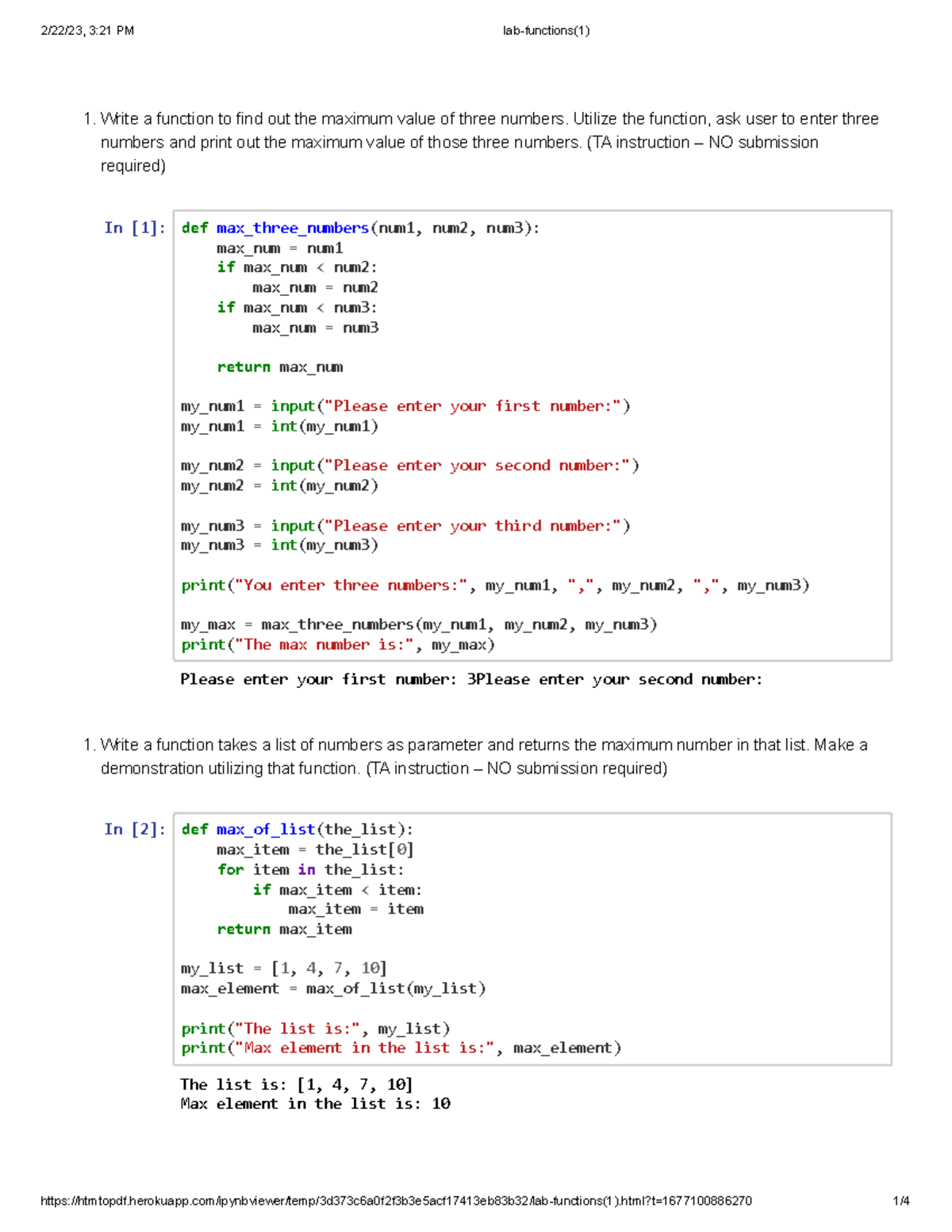 Lab-functions - Professor Turgut Batulrap - Write a function to find out the maximum value of ...