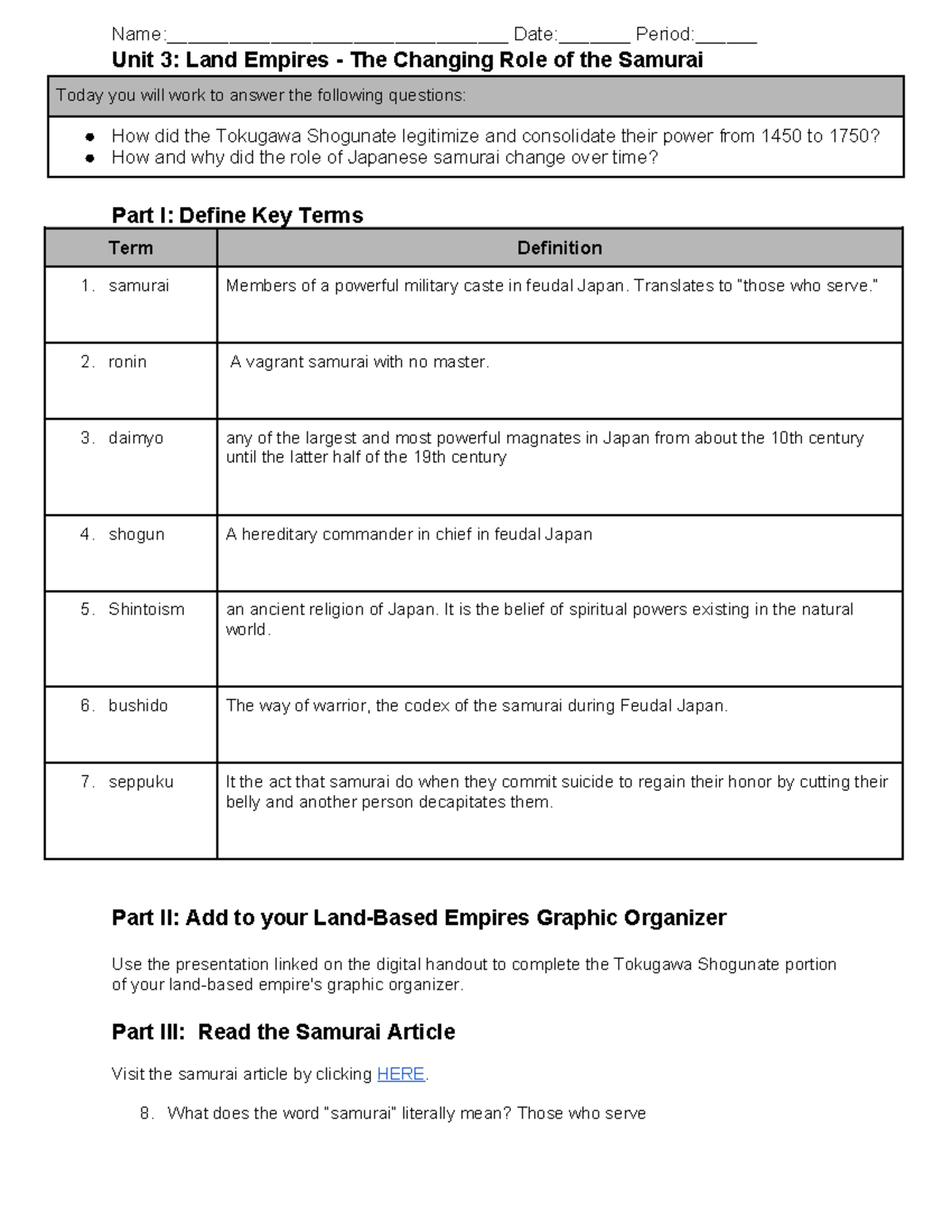 Copy of Unit 3 Samurai Inquiry Lesson (APWH Student Handout) - - Studocu
