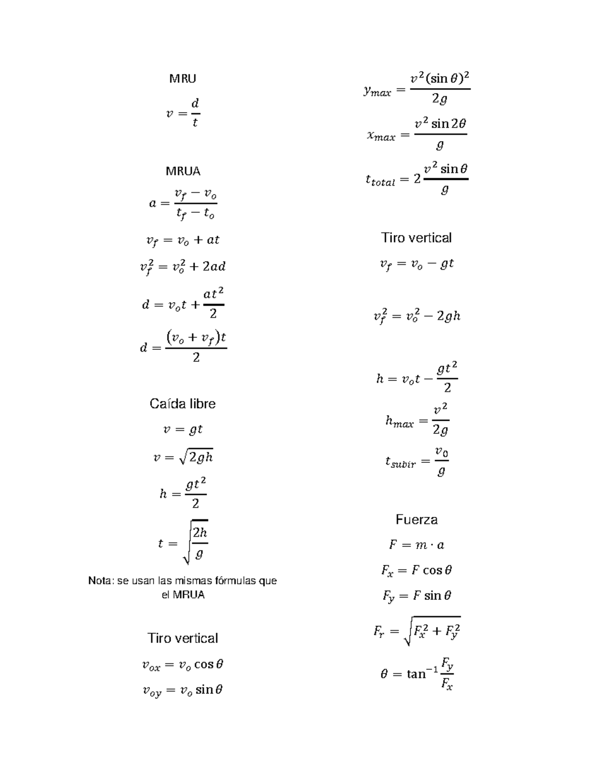 Fisica Formulas - Resumen Física General - MRU 𝑣 = 𝑑 𝑡 MRUA 𝑎 = 𝑣 𝑓 − 𝑣 ...