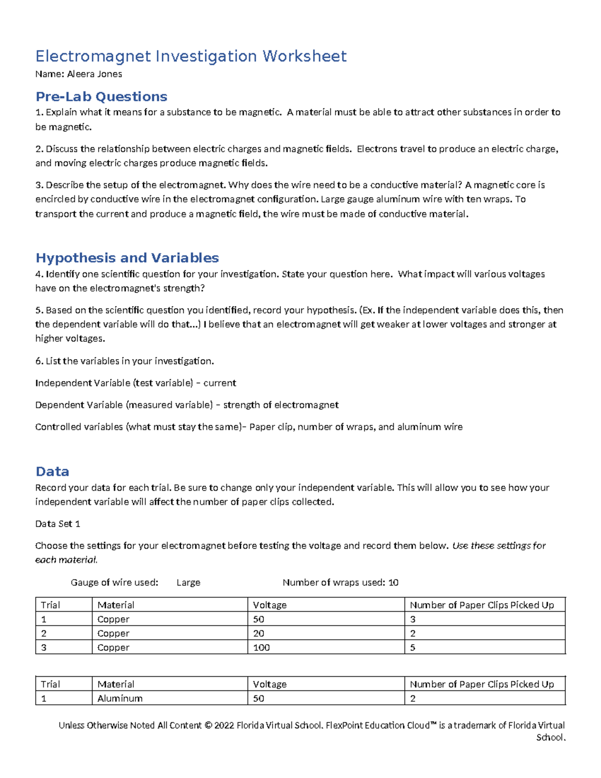 02 - n/a - Electromagnet Investigation Worksheet Name: Aleera Jones Pre ...