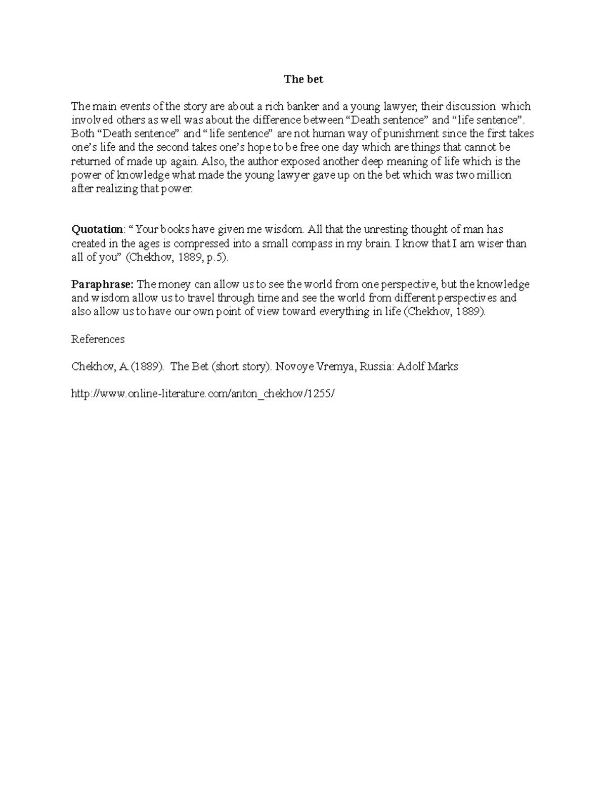The bet - Unit 4. Discussion Assignment - The bet The main events of ...