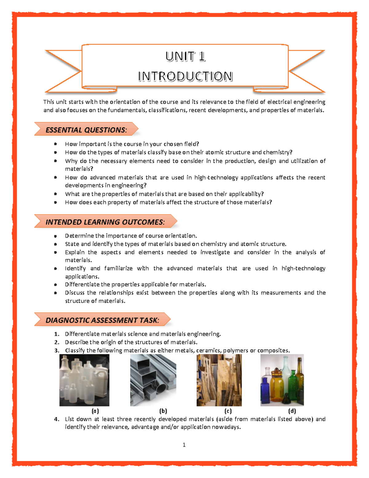 Materials Science and Engineering Unit 1 - This unit starts with the ...