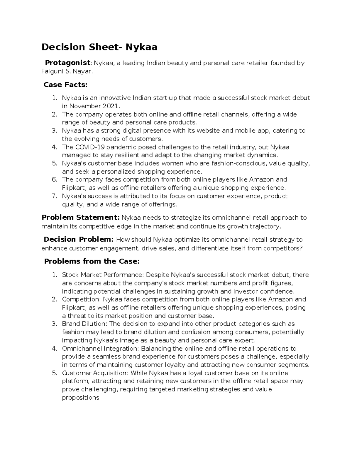 Decision Sheet- Nykaa - Decision Sheet- Nykaa Protagonist: Nykaa, a ...