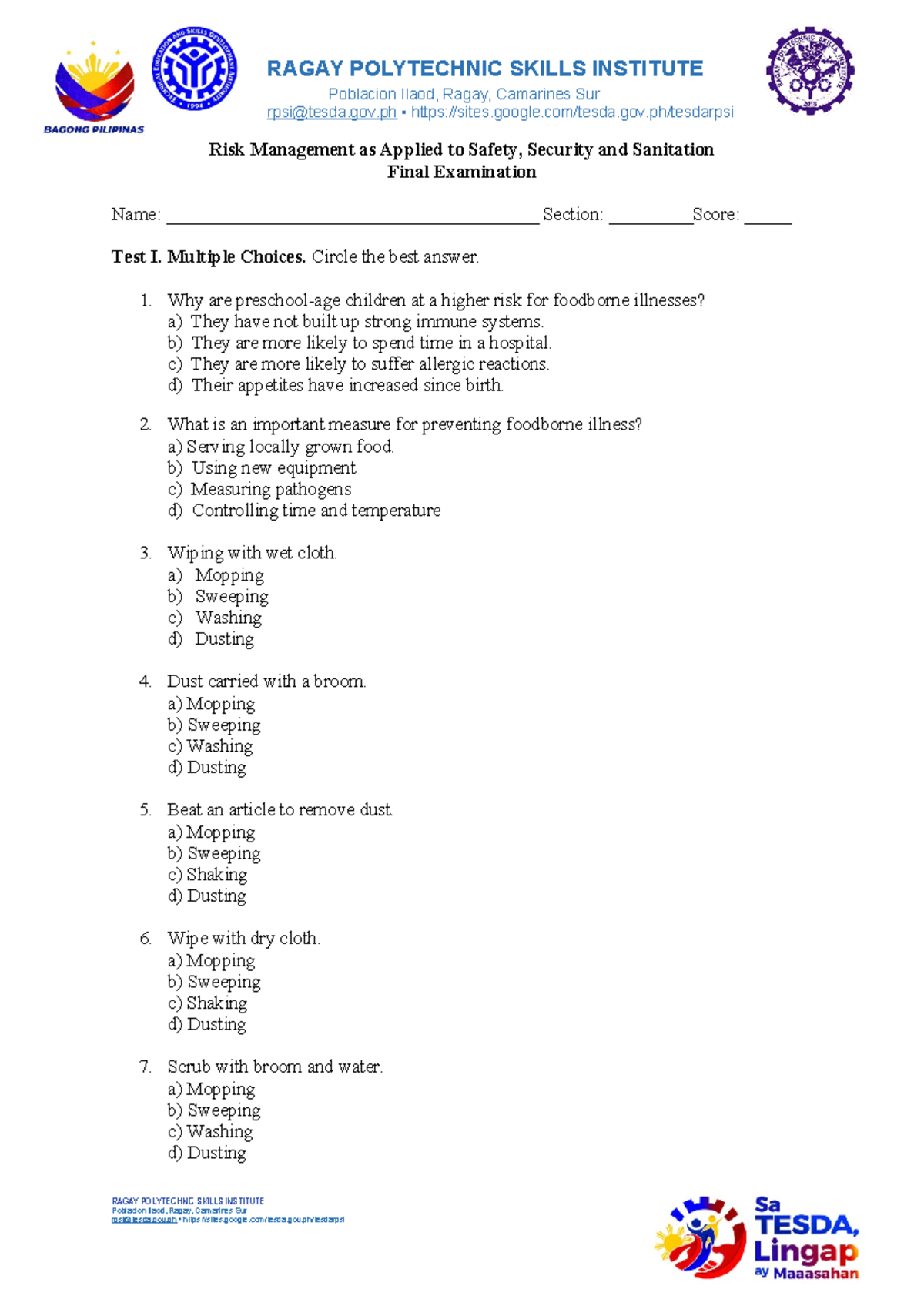 Final Exam Risk Management - Poblacion Ilaod, Ragay, Camarines Sur rpsi ...