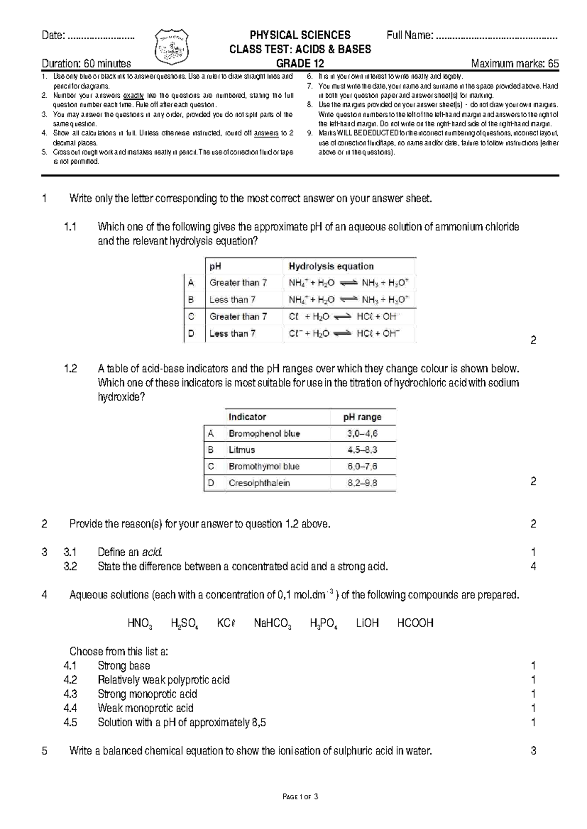 2020 Acids and Bases Test - Date: ......................... PHYSICAL ...