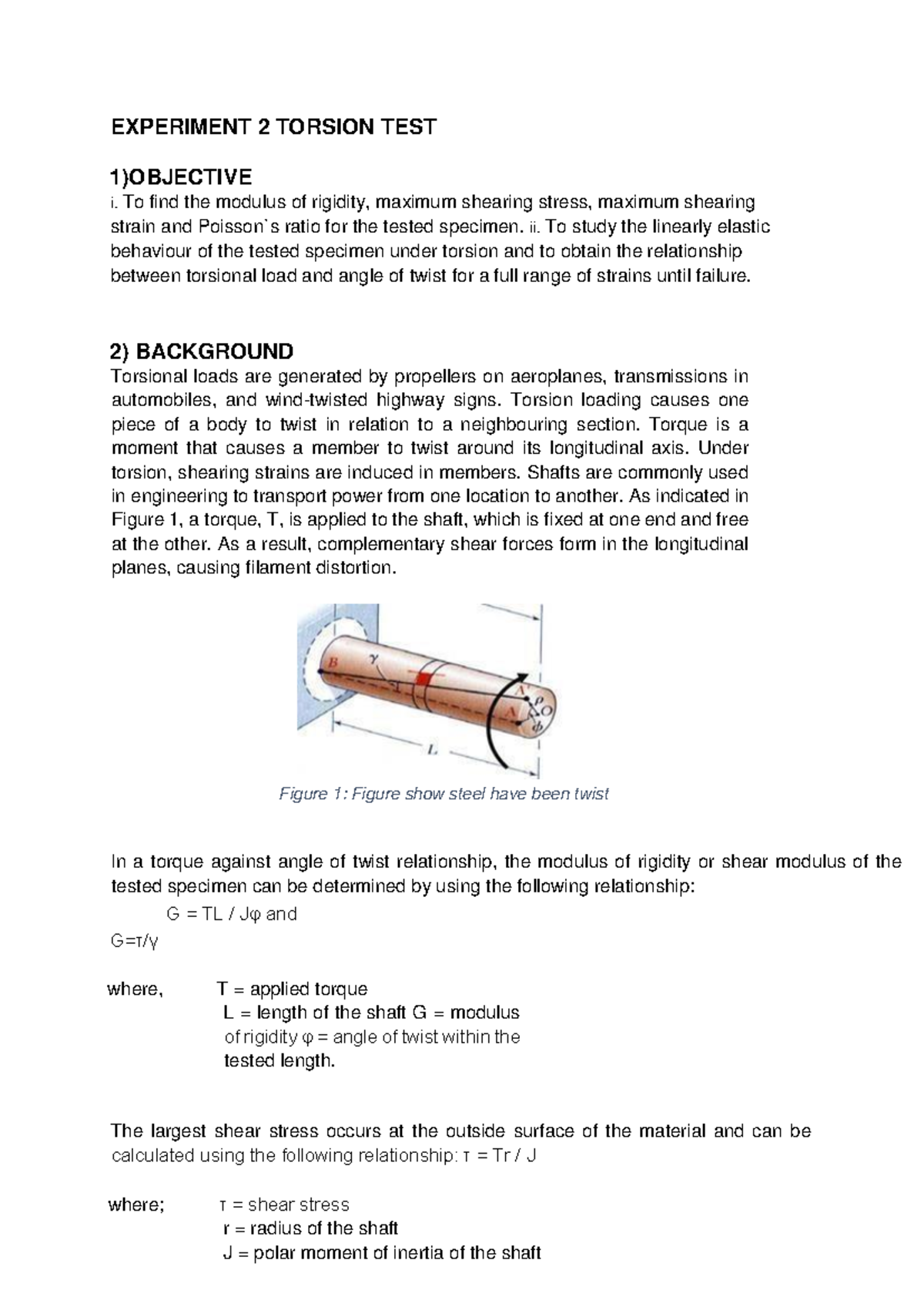 Tension hafizan - Ghjk - EXPERIMENT 2 TORSION TEST 1)OBJECTIVE i. To ...