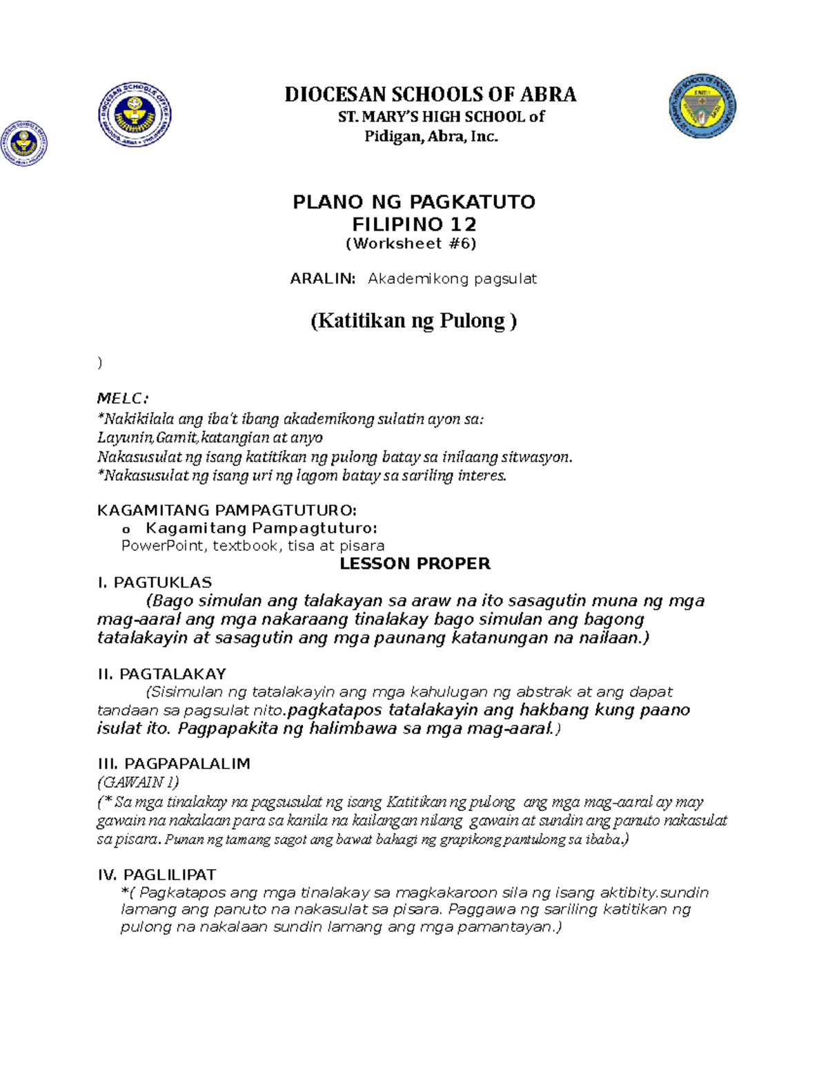 Lp 12 week 6 q1 - doc - PLANO NG PAGKATUTO FILIPINO 12 (Worksheet # 6 ...