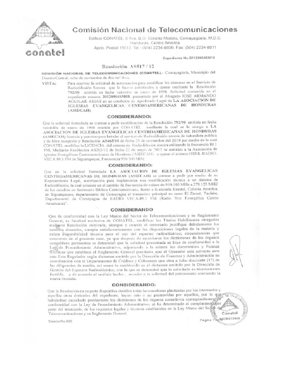 Resolucion Conatel - Nueva frecuencia de Enlace - Comisión Nacional de ...