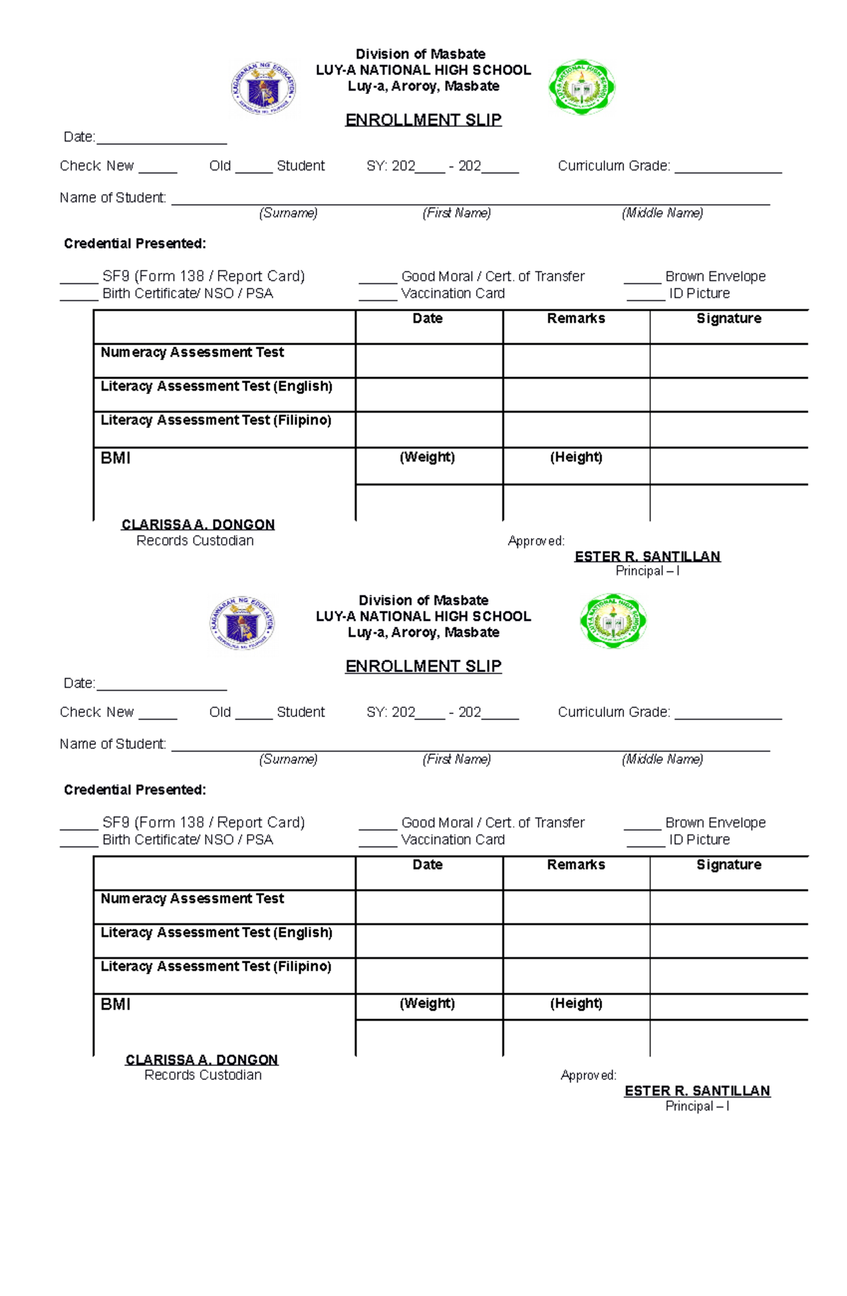 Enrollment SLIP - Nonene - Division of Masbate LUY-A NATIONAL HIGH ...