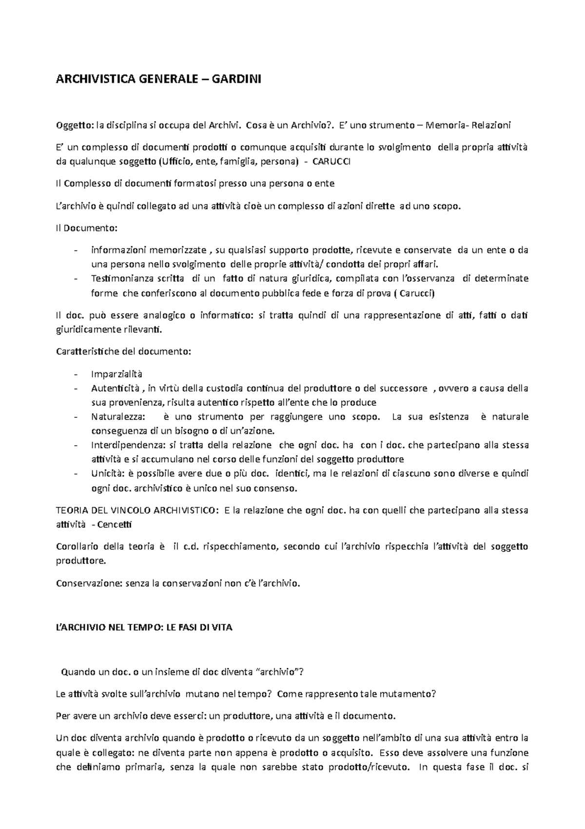 Archivistica Generale - ARCHIVISTICA GENERALE – GARDINI Oggetto: la ...