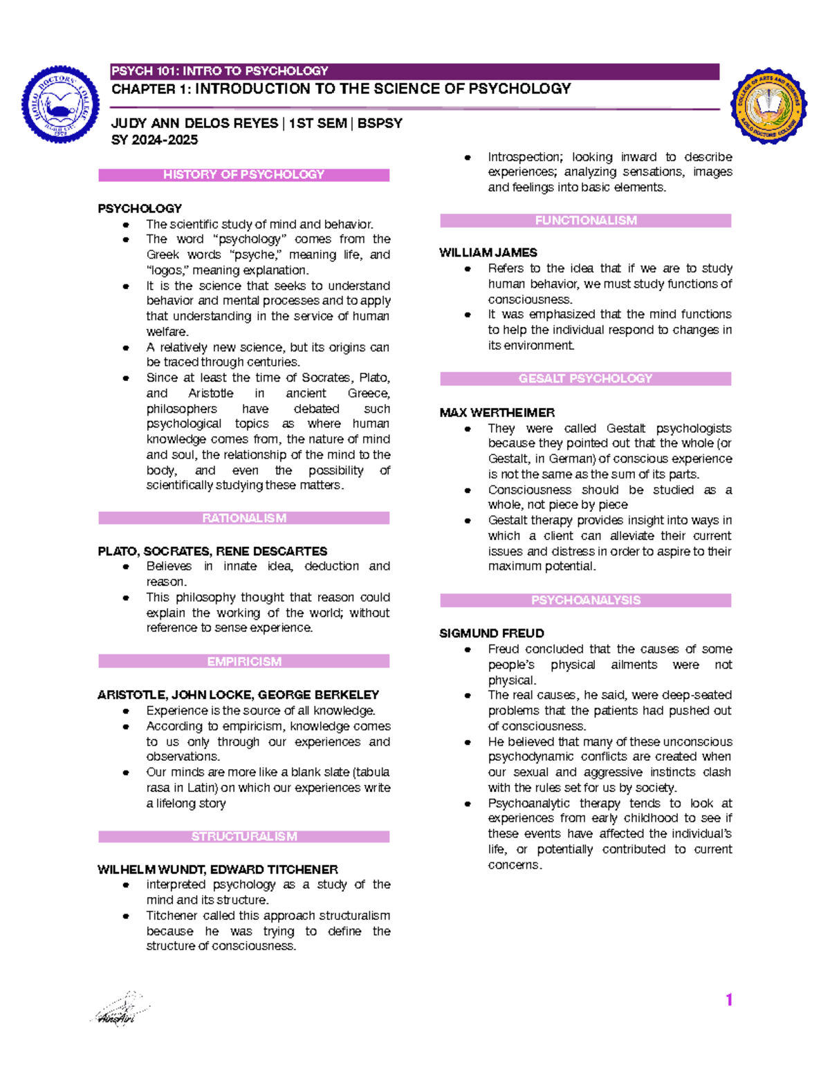 PSY 101 1 - N/A - CHAPTER 1: INTRODUCTION TO THE SCIENCE OF PSYCHOLOGY ...